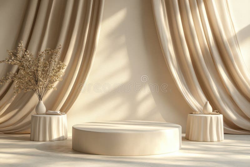Elegant Beige Product Display with Draped Fabric and Dried Flowers ...