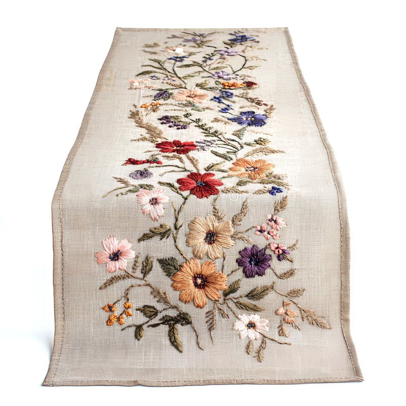 Elegant Beige Table Runner with Exquisite Hand Embroidered Floral ...