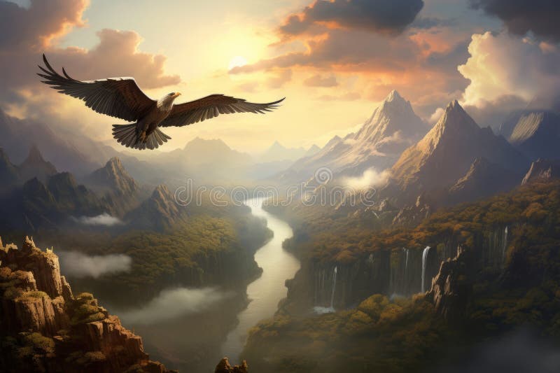 Elegant Bird Soaring High Above the Breathtaking Landscape Stock ...