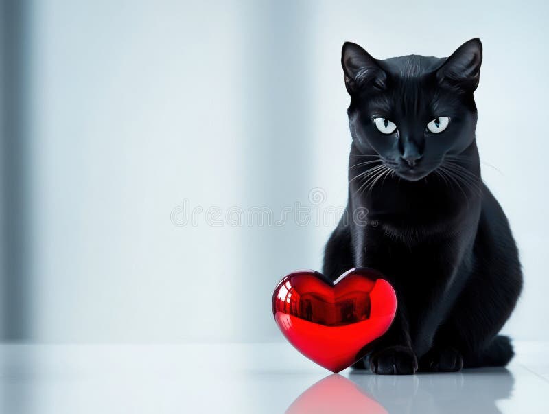 Elegant Black Cat with Red Heart on White Surface for Valentines Decor ...