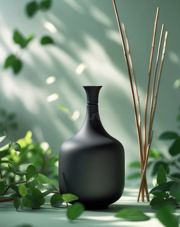 Elegant Black Diffuser with Reed Sticks Amidst Greenery Stock Image ...