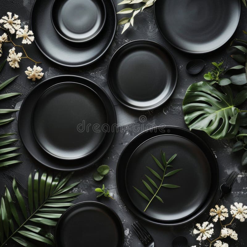 Elegant Black Dinnerware Surrounded by Green Foliage and White Flowers ...