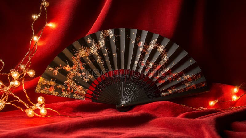 Elegant Black Dragon Hand Fan on Red Fabric Stock Illustration ...