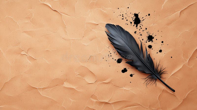 Elegant Black Feather with Ink Splatters on Textured Brown Paper ...