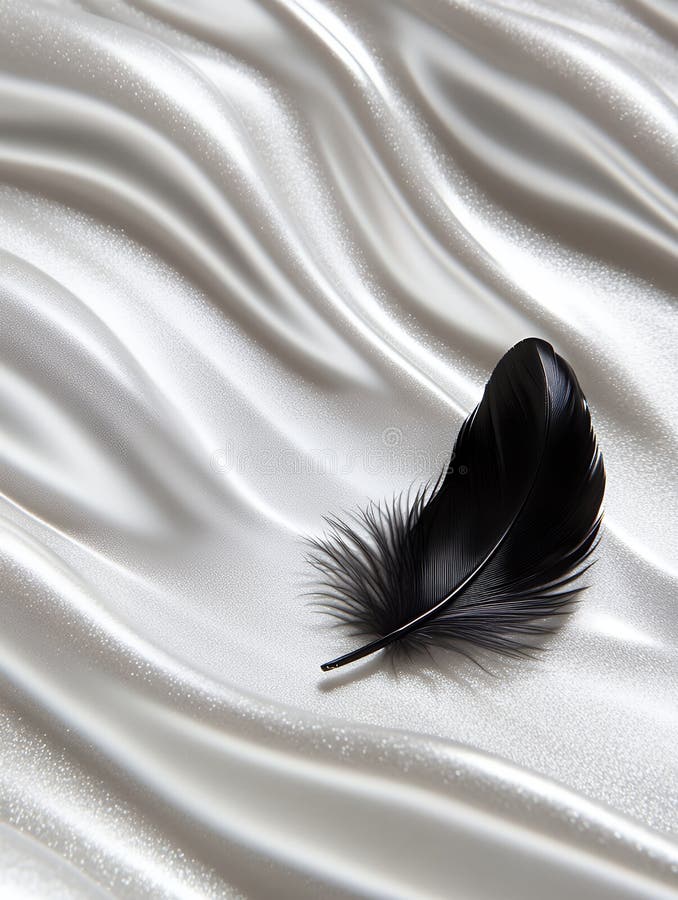 Elegant Black Feather on Smooth Silver Silk Fabric Background Texture ...