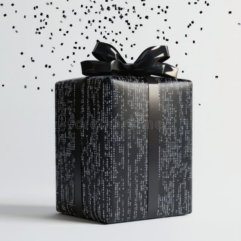 Elegant Black Gift Box with Digital Code Pattern and Floating Pixels ...