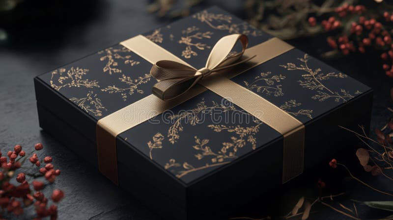 Elegant Black Gift Box with Gold Ribbon and Floral Pattern Stock ...