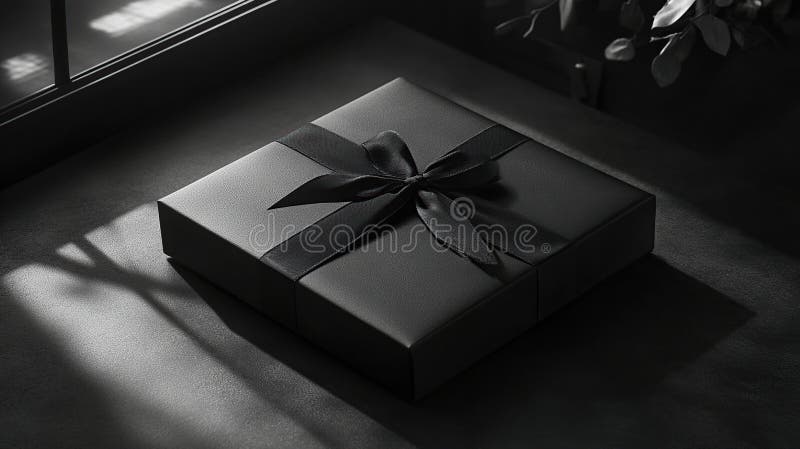Elegant Black Gift Box with a Satin Ribbon, Dramatically Lit by ...