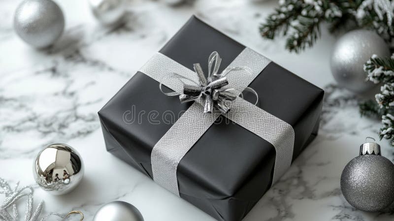 Elegant Black Gift Box with Silver Ribbon and Ornaments Stock ...