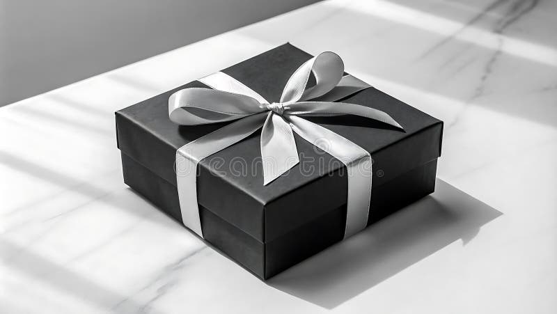 Elegant Black Gift Box with White Ribbon on Marble Surface in Sunlight ...