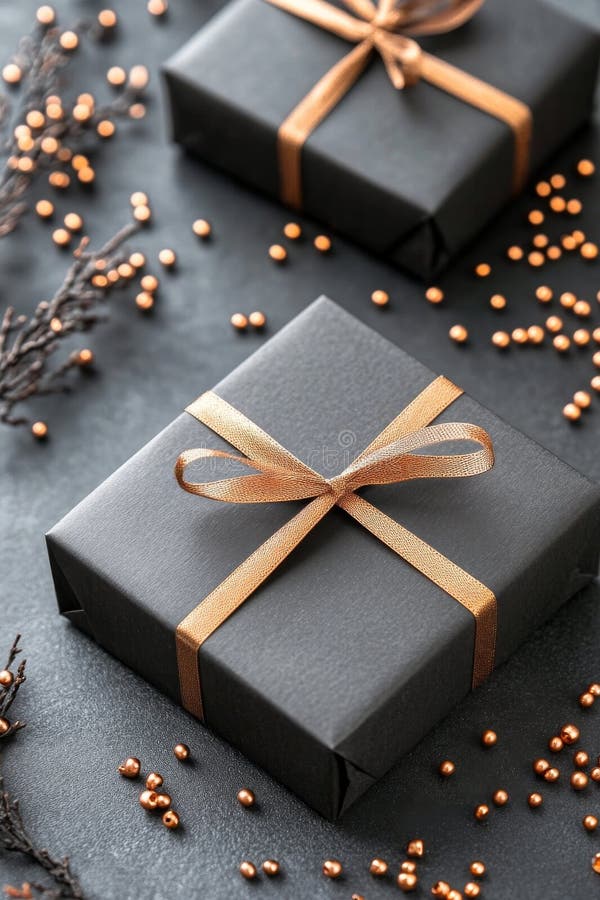 Elegant Black Gift Boxes Adorned with Copper Ribbons on a Textured ...