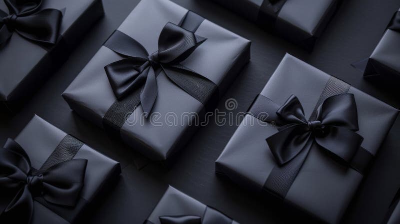 Elegant Black Gift Boxes with Satin Bows on Dark Background Stock ...