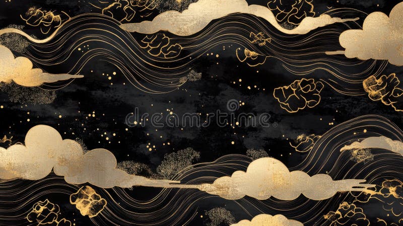 Elegant Black and Gold Abstract Design with Clouds and Stars Stock ...