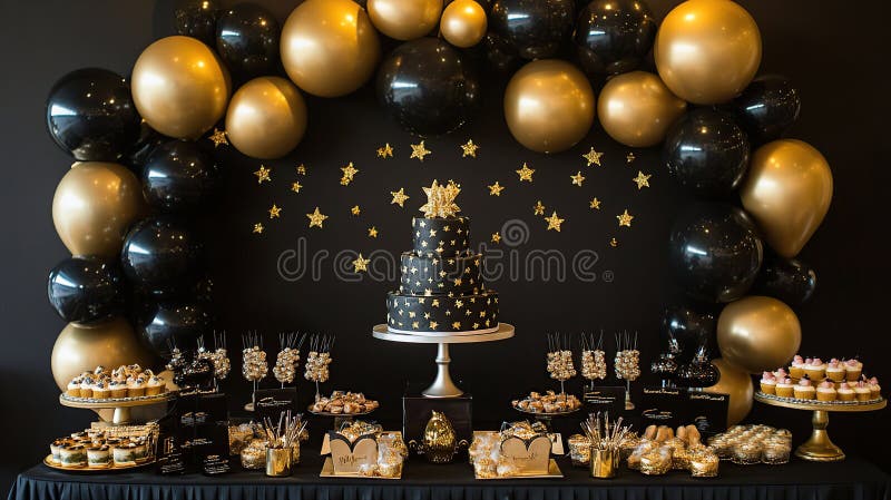 Elegant Black Gold Birthday Dessert Table Event Backdrop Stock ...