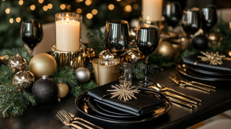 Elegant Black and Gold Christmas Dinner Table Setting Stock ...