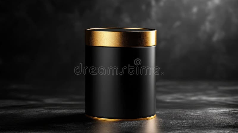 Elegant Black and Gold Cylindrical Container on Reflective Surface in ...