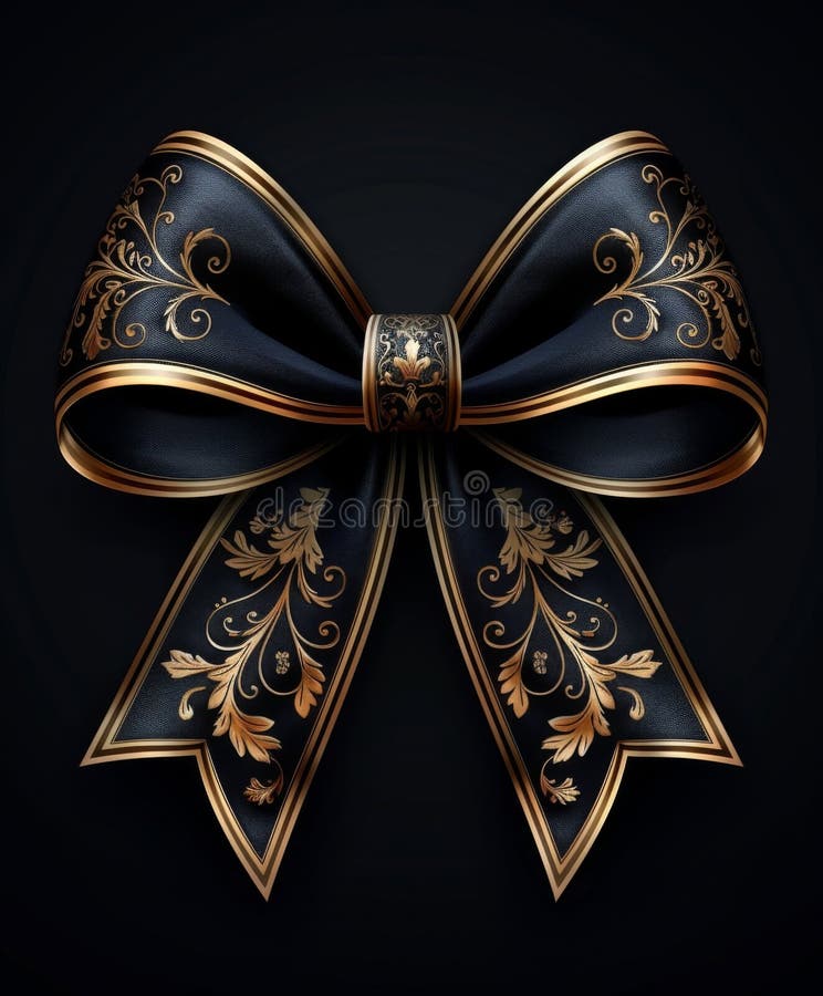 Elegant Black and Gold Decorative Bow with Intricate Patterns on Dark ...