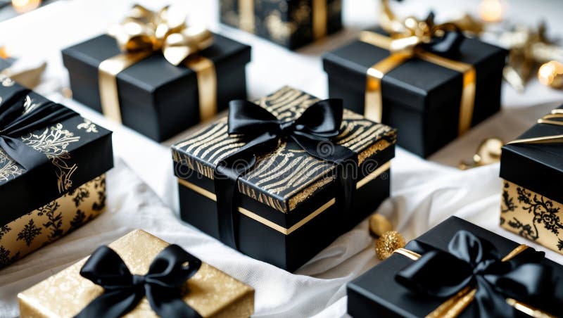Elegant Black and Gold Gift Boxes for Festive Celebrations Stock ...