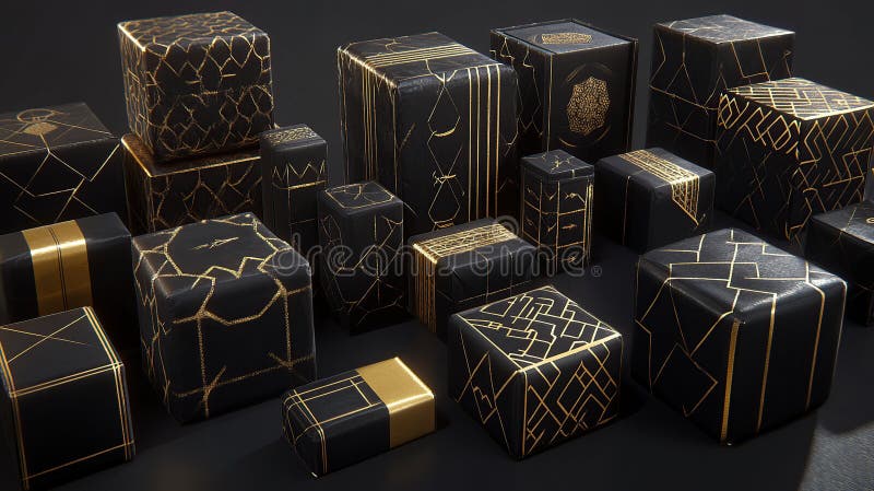Elegant Black Gold Gift Boxes Studio Backdrop Stock Photo - Image of ...