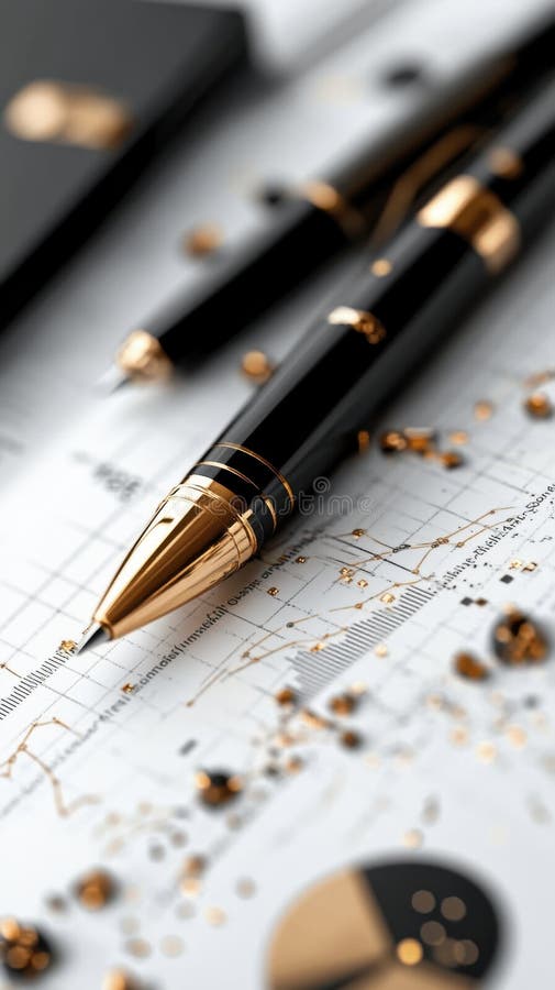 Elegant Black and Gold Pens on Graph Paper with Gold Accents Stock ...
