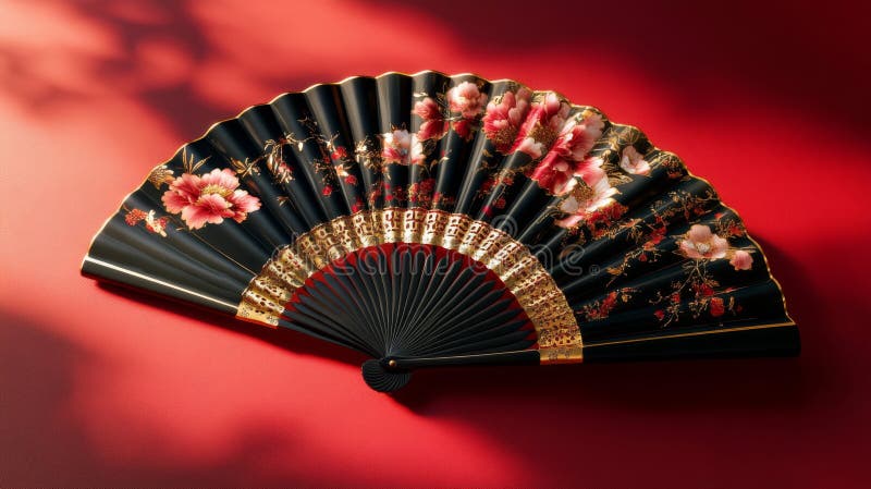 Elegant Black Hand Fan with Delicate Floral Design Stock Illustration ...
