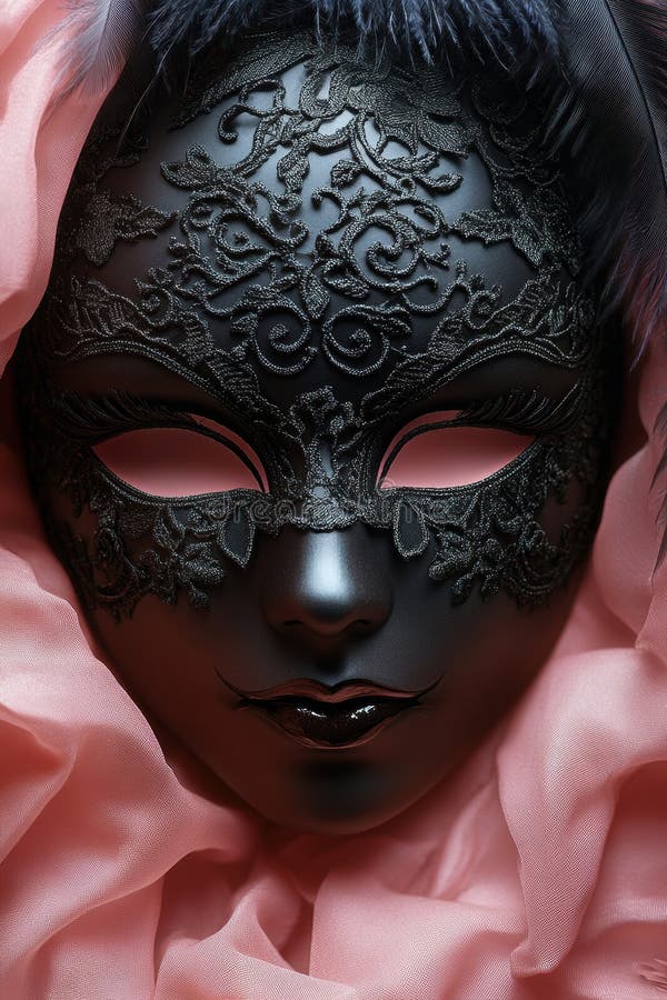 Elegant Black Masquerade Mask with Intricate Lace and Feathers Stock ...