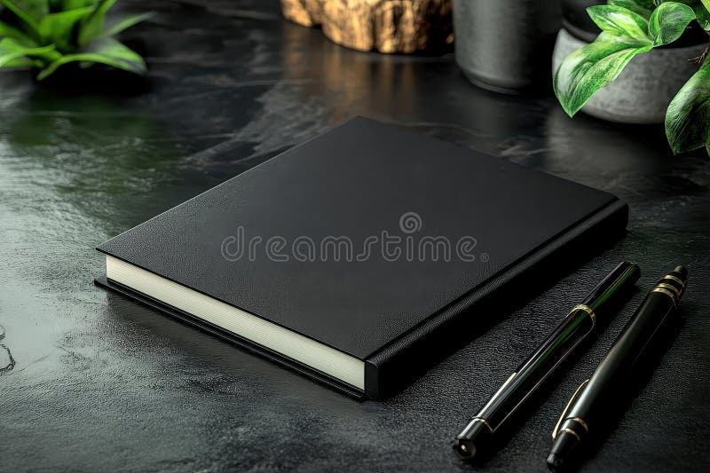 Elegant Black Notebook with Pens on a Dark Surface - Minimalist Desk ...