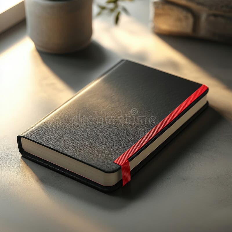 Elegant Black Notebook with Red Elastic Band on Table Stock ...
