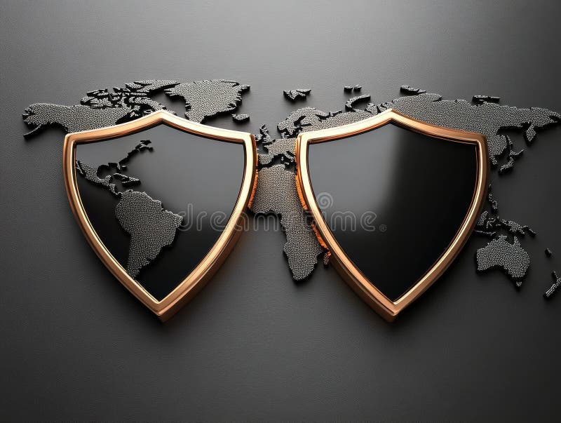 Elegant Black Shields Contrast with a Gold World Map, All Set on a ...