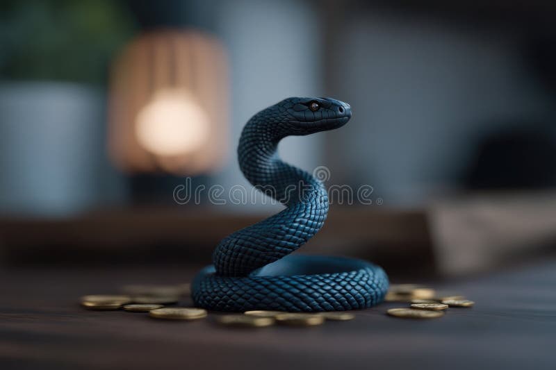 Elegant Black Snake Coiled on Table Surrounded by Gold Coins in Dark ...