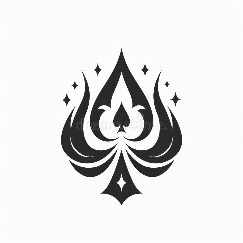 Elegant Black Spade Icon with Stylized Curves and Stars on White ...