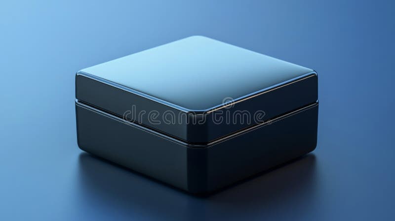 Elegant Black Square Box with Shiny Lid on Blue Reflective Surface ...