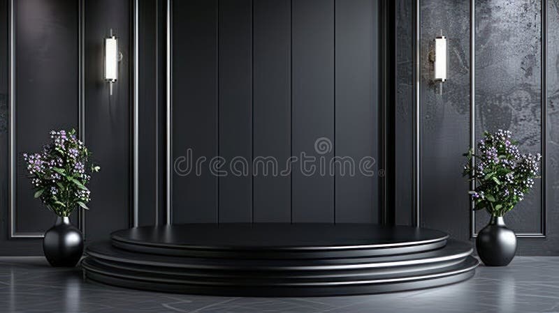 Elegant Black Stage with Curved Steps and Subtle Lighting Stock ...