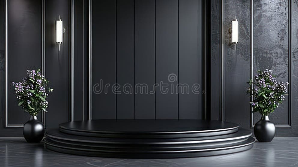 Elegant Black Stage with Curved Steps and Subtle Lighting Stock ...