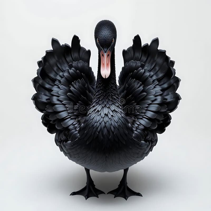 Elegant Black Swan Standing with Open Feathers on White Background ...