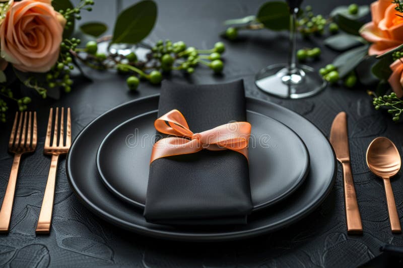 Elegant Black Table Setting Being Prepared for Dinner Party Stock Photo ...