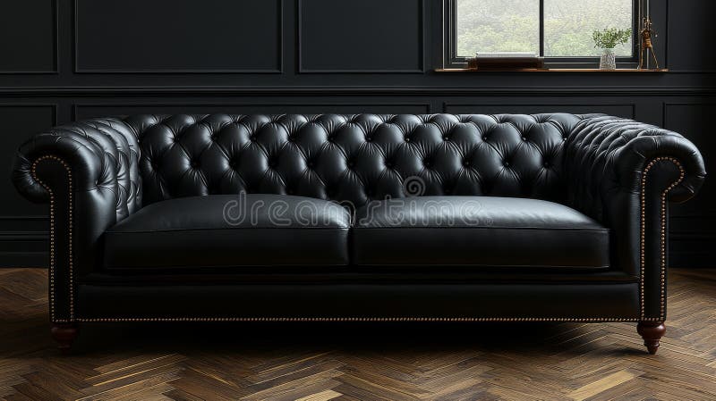 Elegant Black Tufted Leather Sofa in Sophisticated Dark Room Interior ...