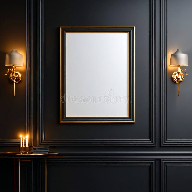 Elegant Black Wall Mockup with Gold Frame Lighting Stock Illustration ...