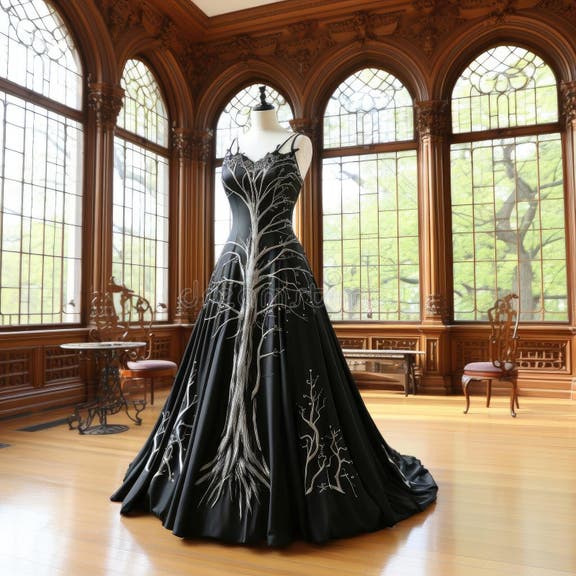 Elegant Black Wedding Dress with a Tree Branch Pattern Stock ...