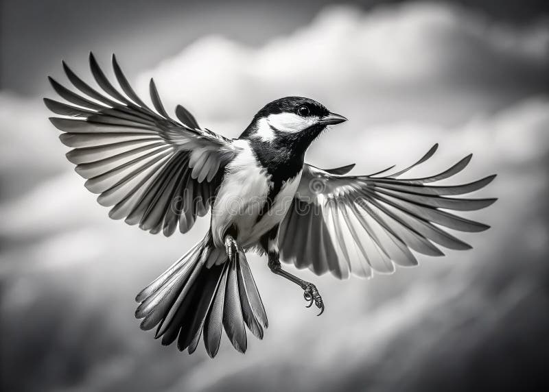 Elegant Black and White Bird in Dynamic Flight a Masterful Illustration ...