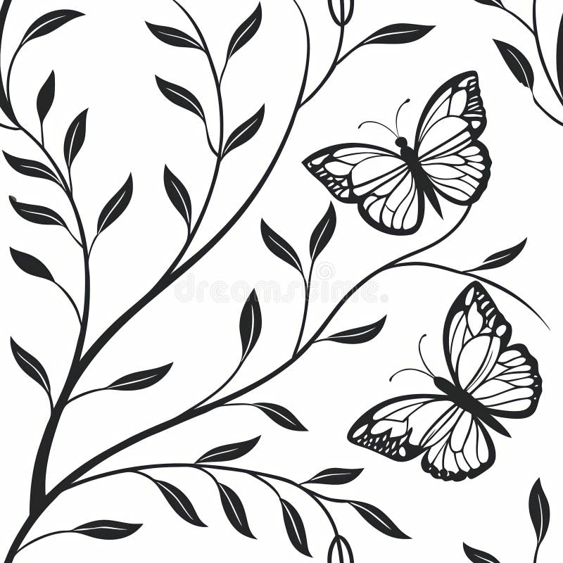 Elegant Black and White Butterfly Pattern with Delicate Foliage Stock ...