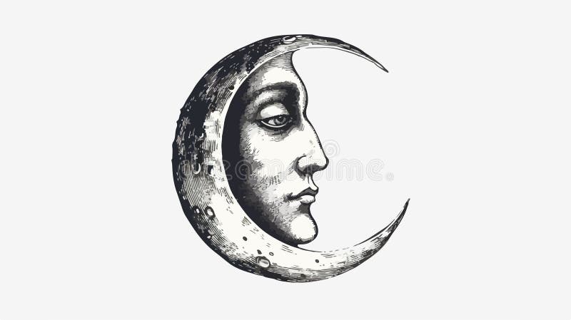 Elegant Black and White Crescent Moon Engraving for Creative Projects ...
