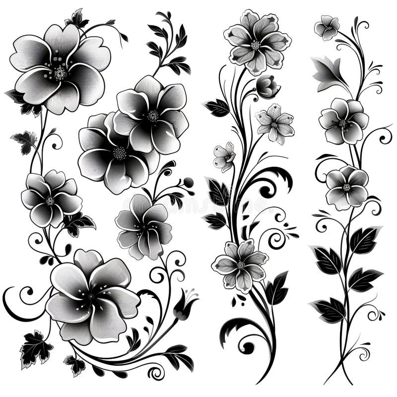 Elegant Black and White Damask Floral Design Set Stock Illustration ...