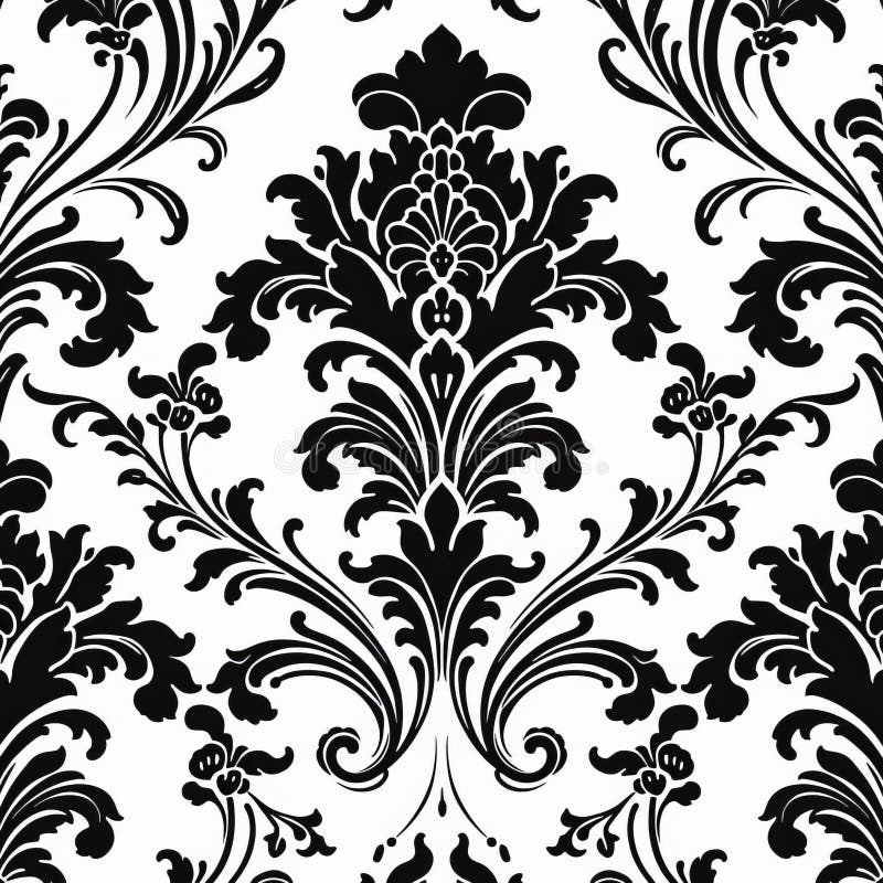 Elegant Black and White Damask Wallpaper with Rococo Style Stock ...
