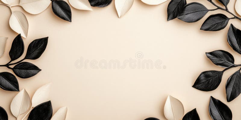 Elegant Black and White Leaf Border on Beige Background Stock ...