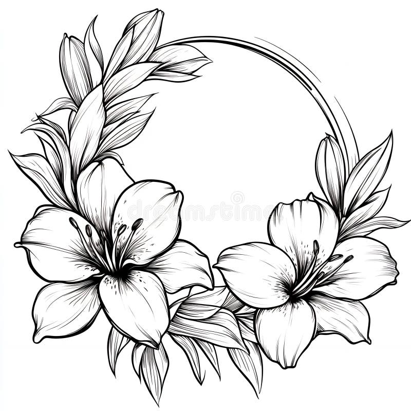 Elegant Black and White Lily Floral Wreath Circular Frame Design Stock ...