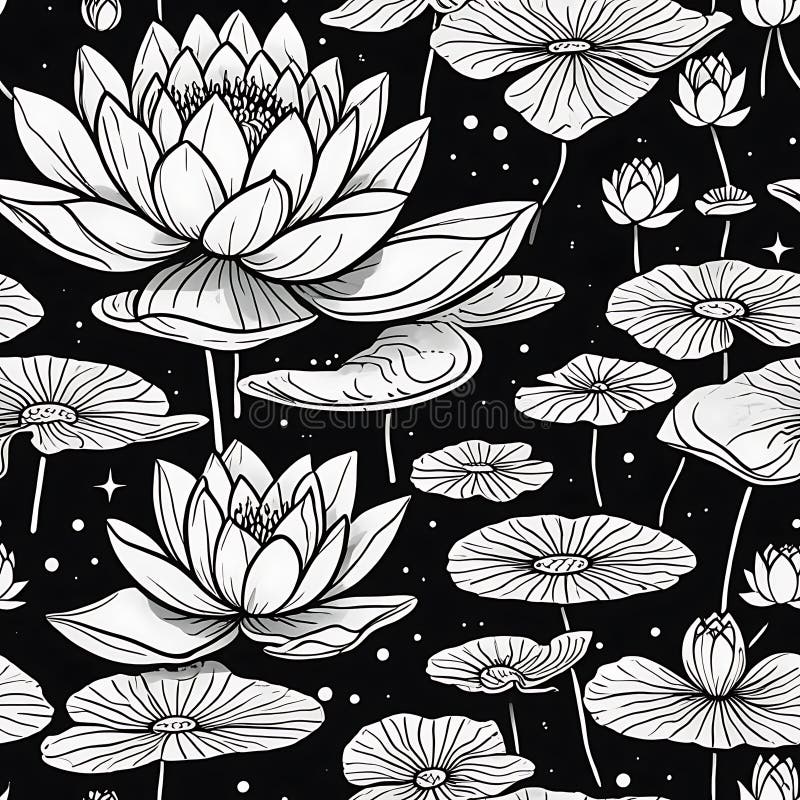 Elegant Black and White Lotus Flower Seamless Pattern Design Stock ...
