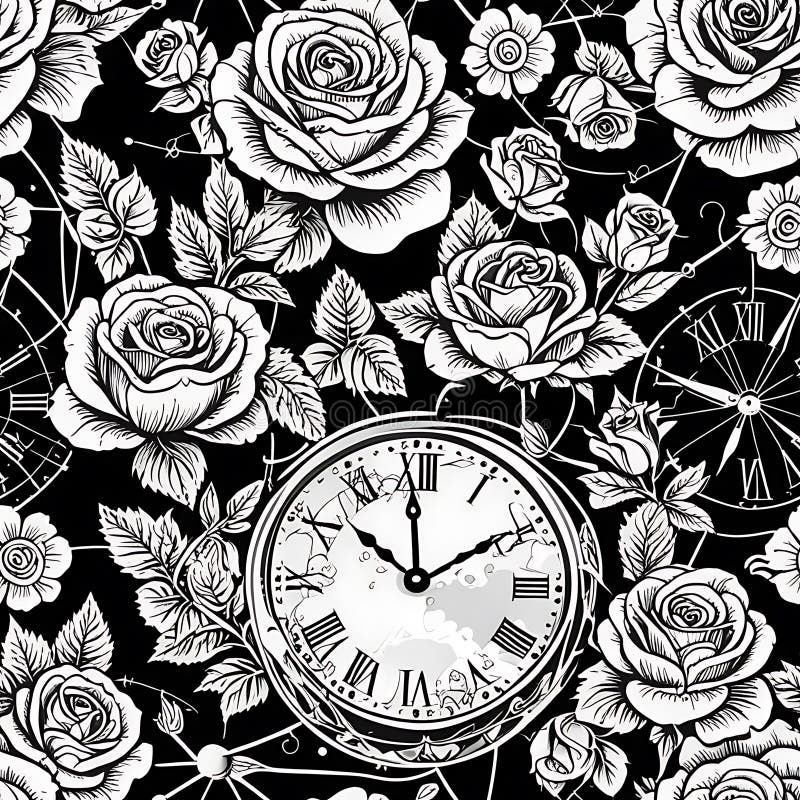 Elegant Black and White Roses and Antique Clock Pattern Design Stock ...