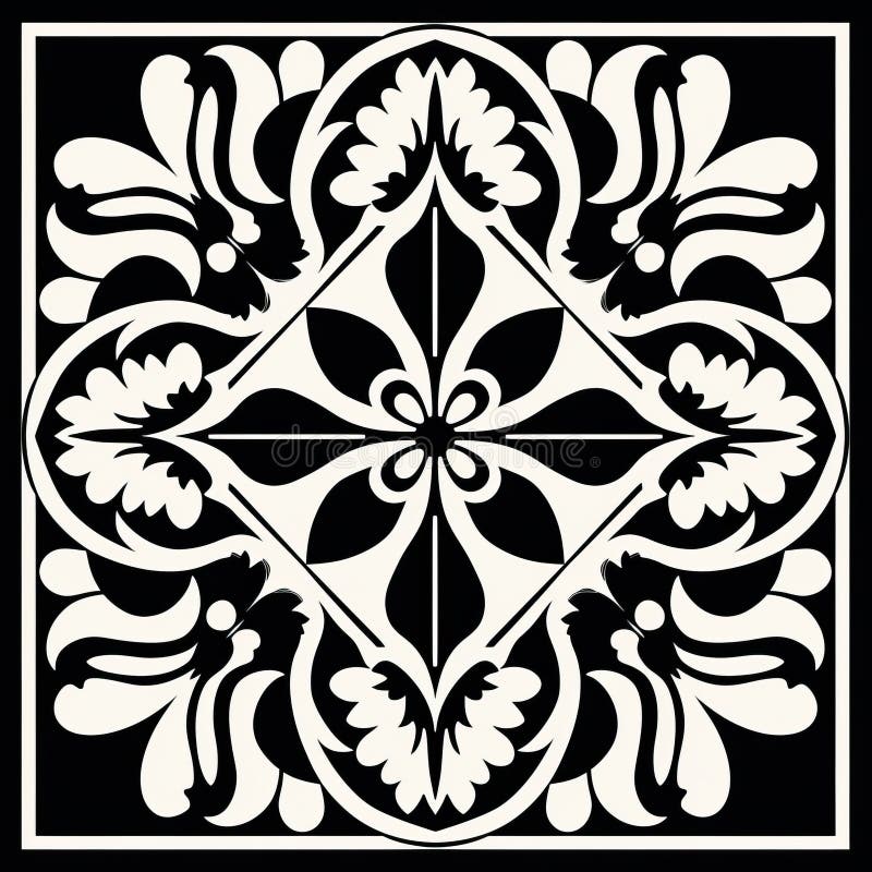 Elegant Black and White Stencil Art Tile with Vintage Graphic Design ...