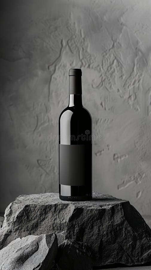 Elegant Black Wine Bottle Displayed on Stone Platform in Minimalist ...